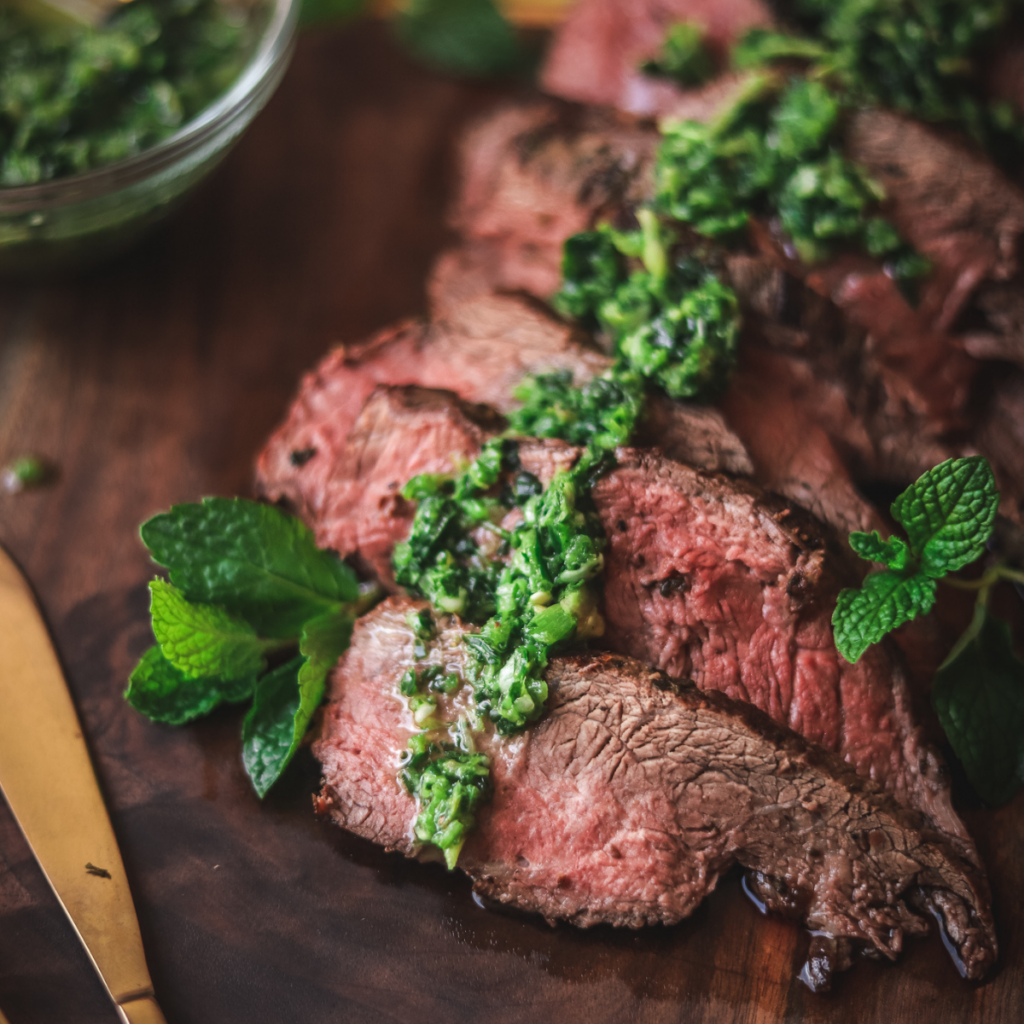 Bavette Steak with Poblano Chimichurri - The Gourmet Bon Vivant